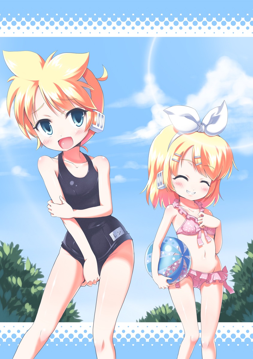 morujii vocaloid kagamine len kagamine rin bikini school swimsuit swimsuits trap | #89271 | yande.re